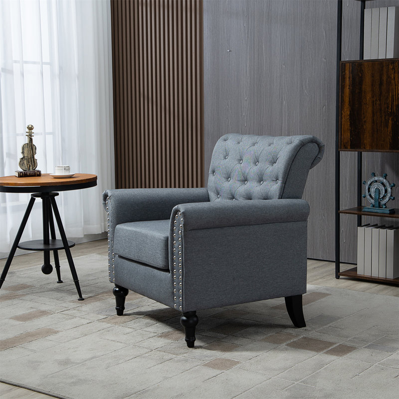 Mid Century Modern Accent Chair Linen Armchair W Tufted Back Wood Legs Upholstered Lounge Arm Chair Single Sofa For Living Room Bedroom Grey Linen